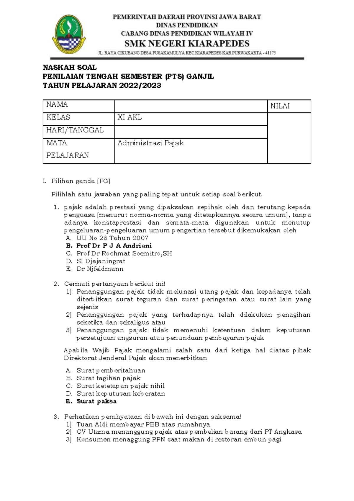 PTS XI - PJ. Administrasi Pajak, NPWP, dan NPPKP 2022 - Studocu