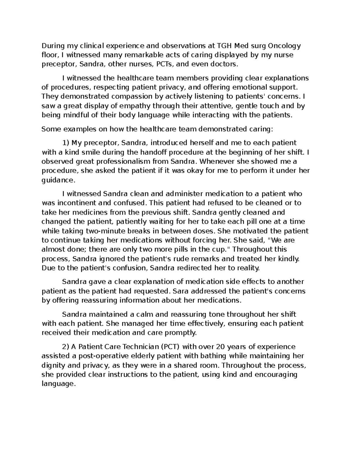 Caring Behavior Observation & Reflection in TGH Med Surg Oncology - Studocu