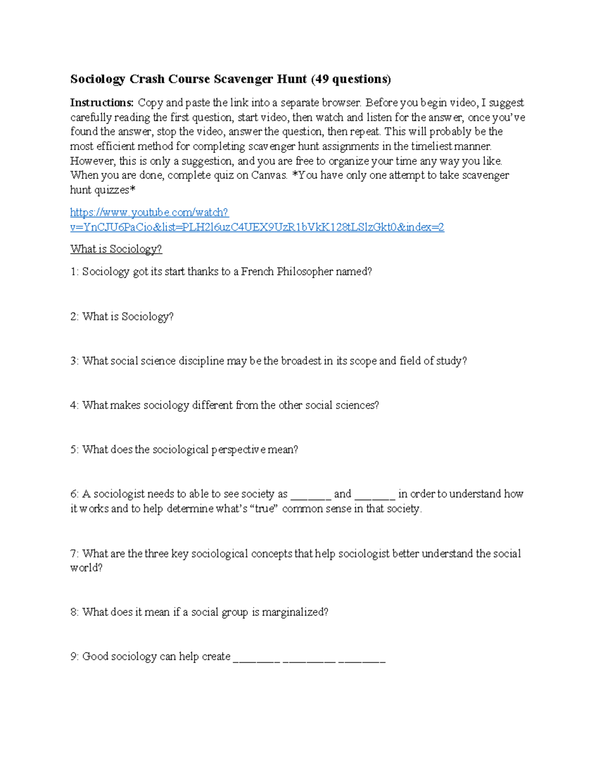 Sociology Crash Course Scavenger Hunt (49 Qs) Instructions - Studocu