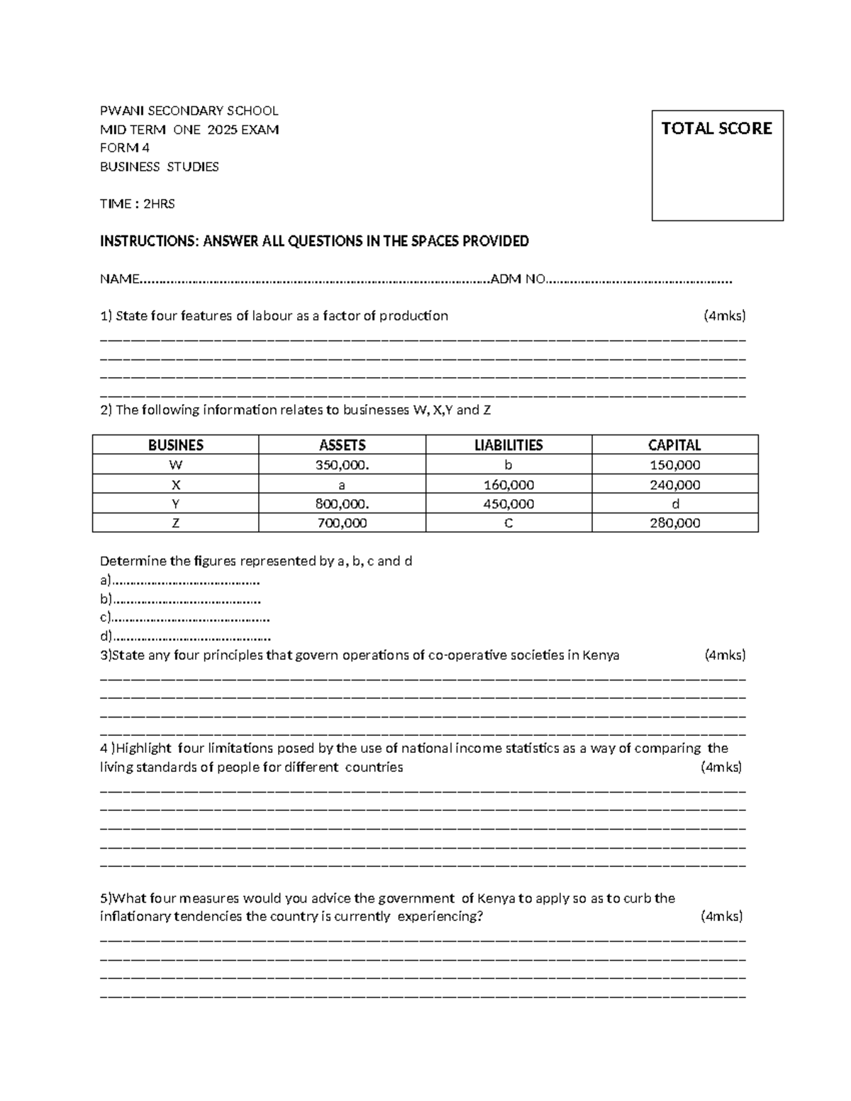 BST FORM 4 MID TERM ONE 2025 EXAM REVIEW AND SUMMARY - Studocu