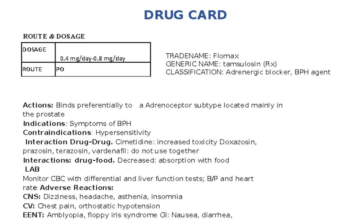 Tamsulosin (Rx) Drug Card - Flomax Dosage & Patient Info - Studocu