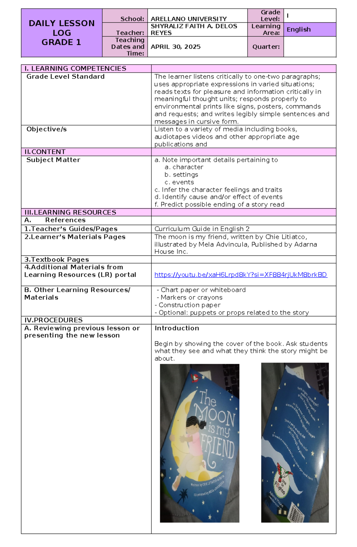 DAILY LESSON LOG GRADE 1: Storybook Activities & Assessment - Studocu