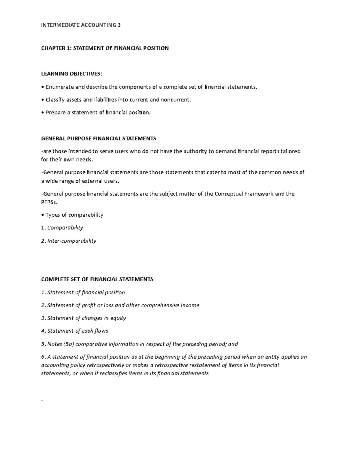 IA3 - CH1 Statement of Financial Position - CHAPTER 1: STATEMENT OF FINANCIAL POSITION LEARNING ...