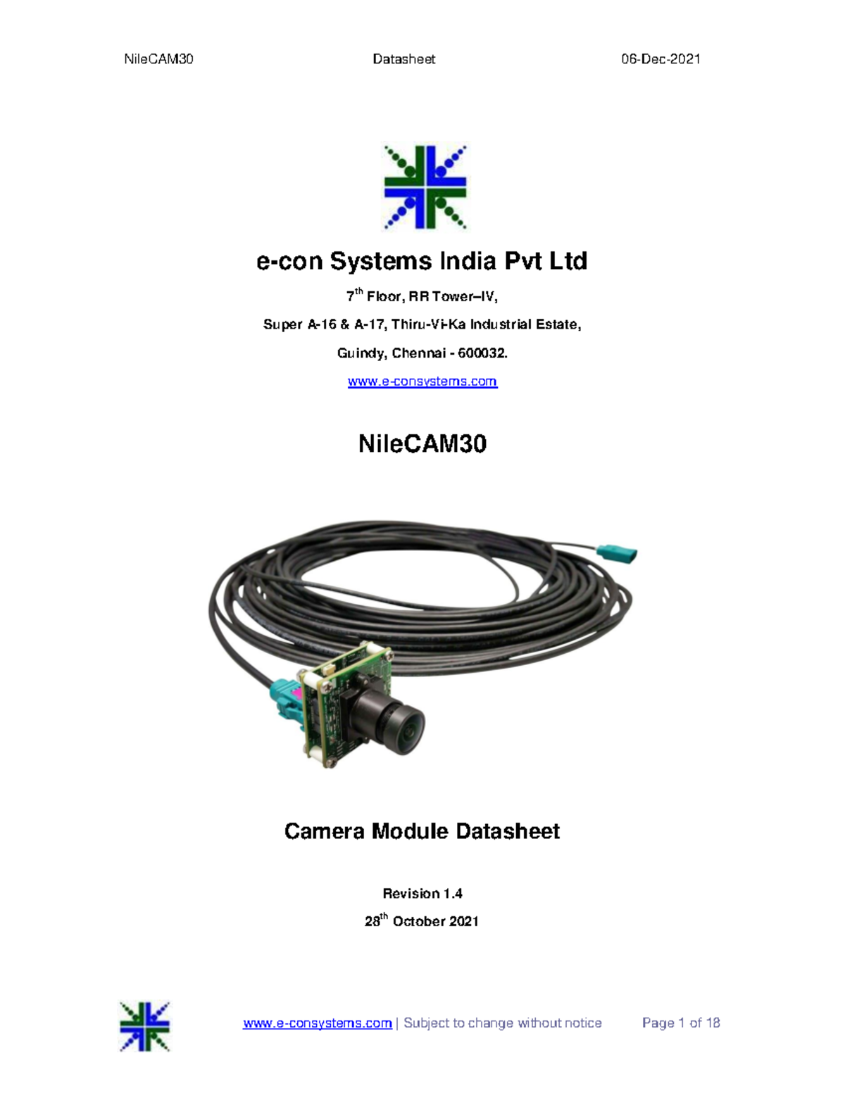 E-con NileCAM30 Camera Module Datasheet (Rev 1.4) - Studocu
