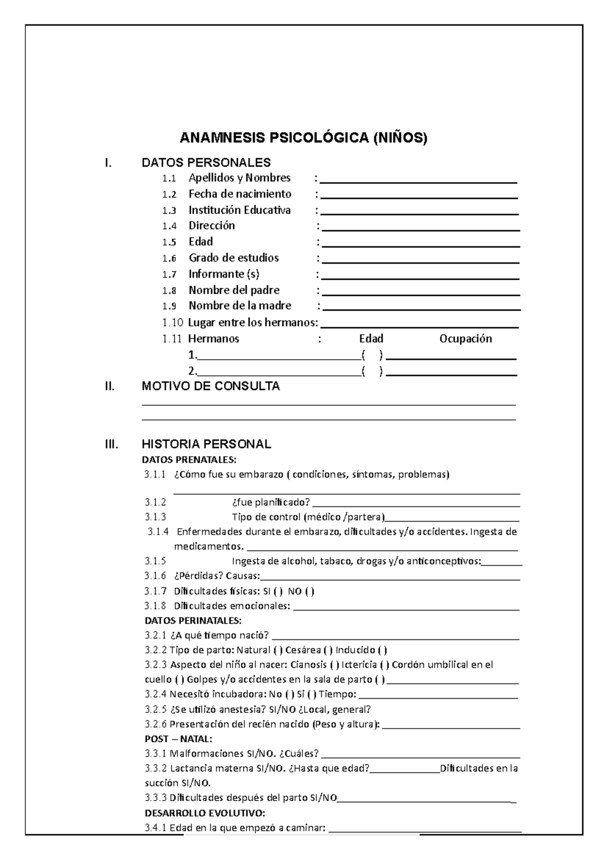 Anamnesis Psicológica para Niños: Datos y Evaluación Integral - Studocu