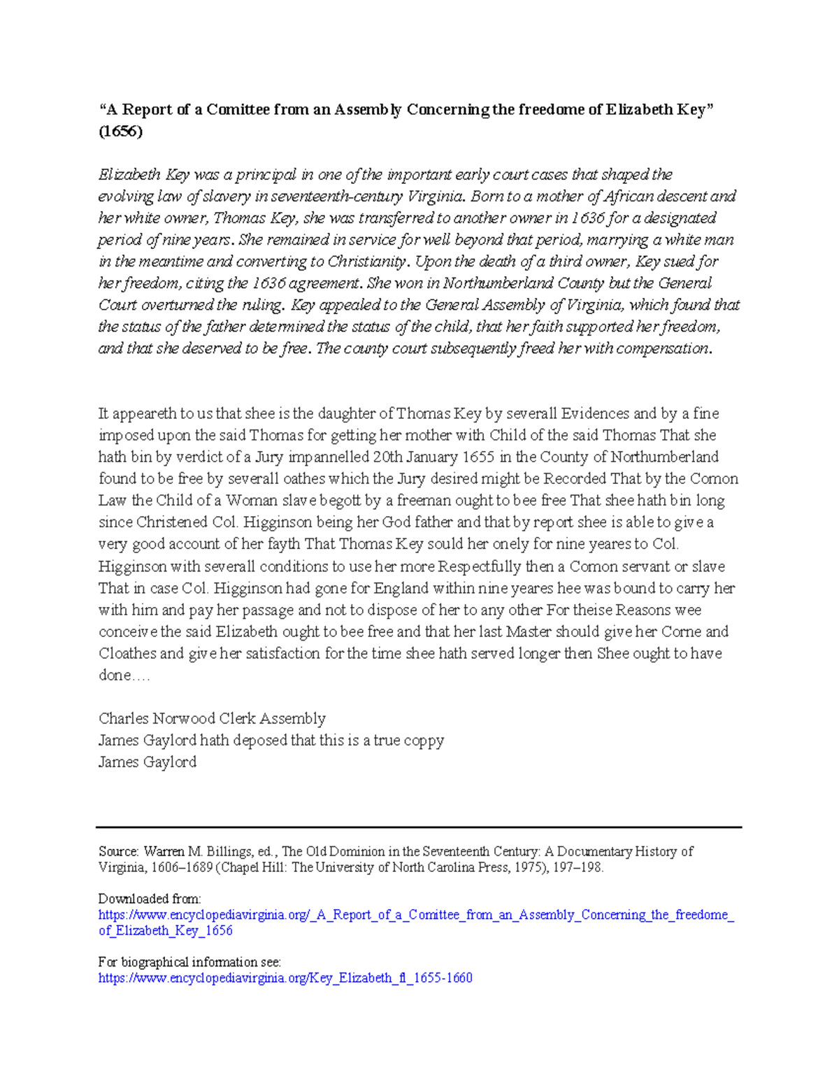 Elizabeth Key: Freedom Case Report in 17th Century Virginia - Studocu
