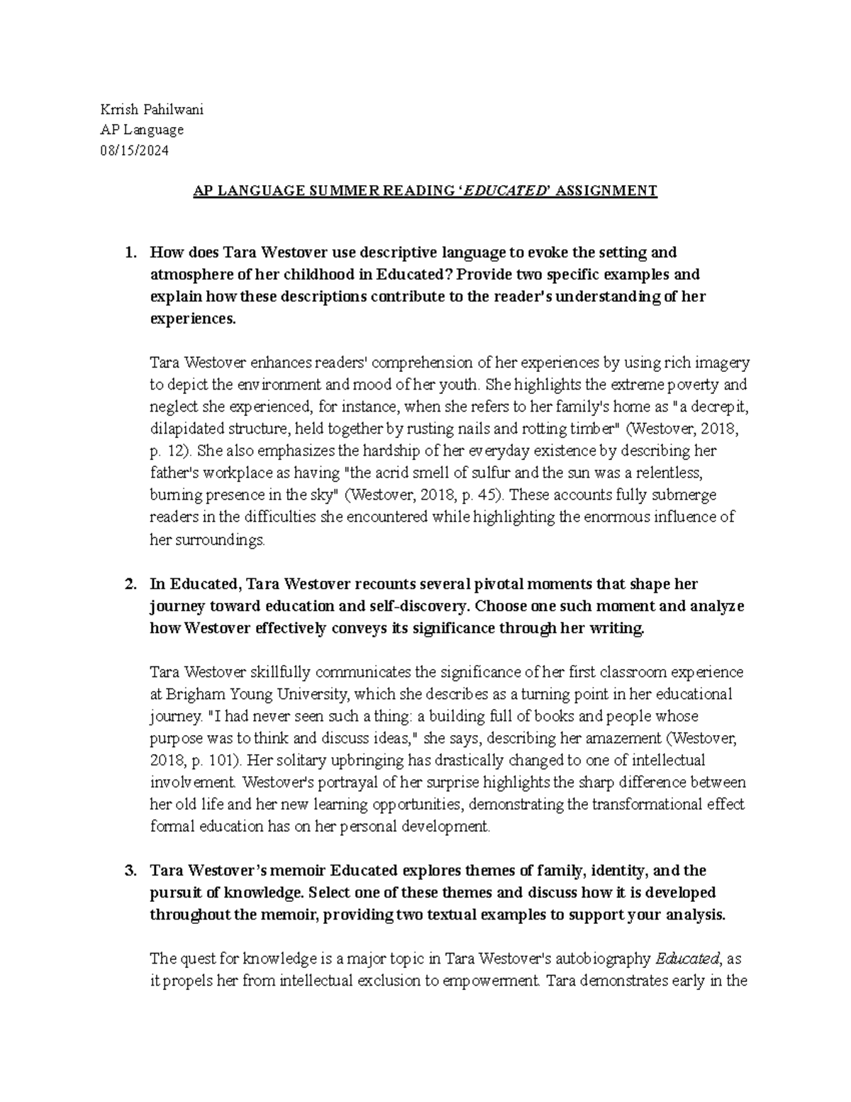 AP Language Summer Assignment: Analyzing 'Educated' by Tara Westover ...
