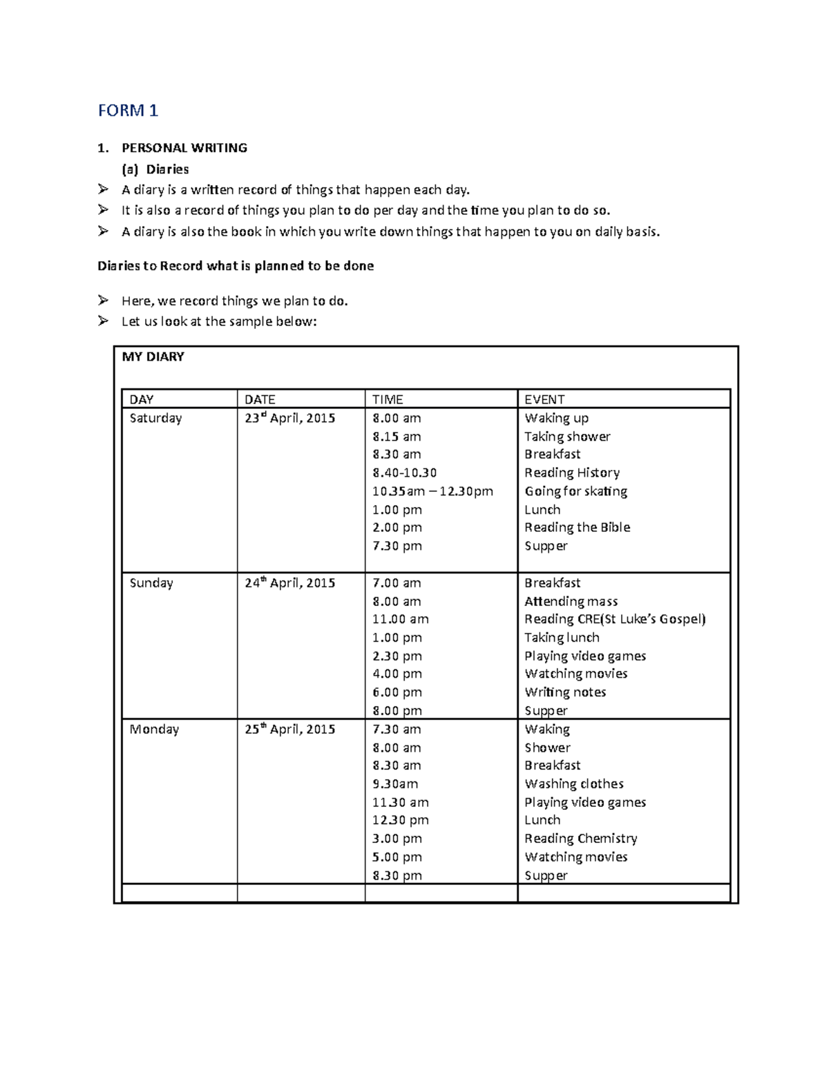 Form 1: Samples of Functional Writing - Diaries, Packing Lists, Letters ...