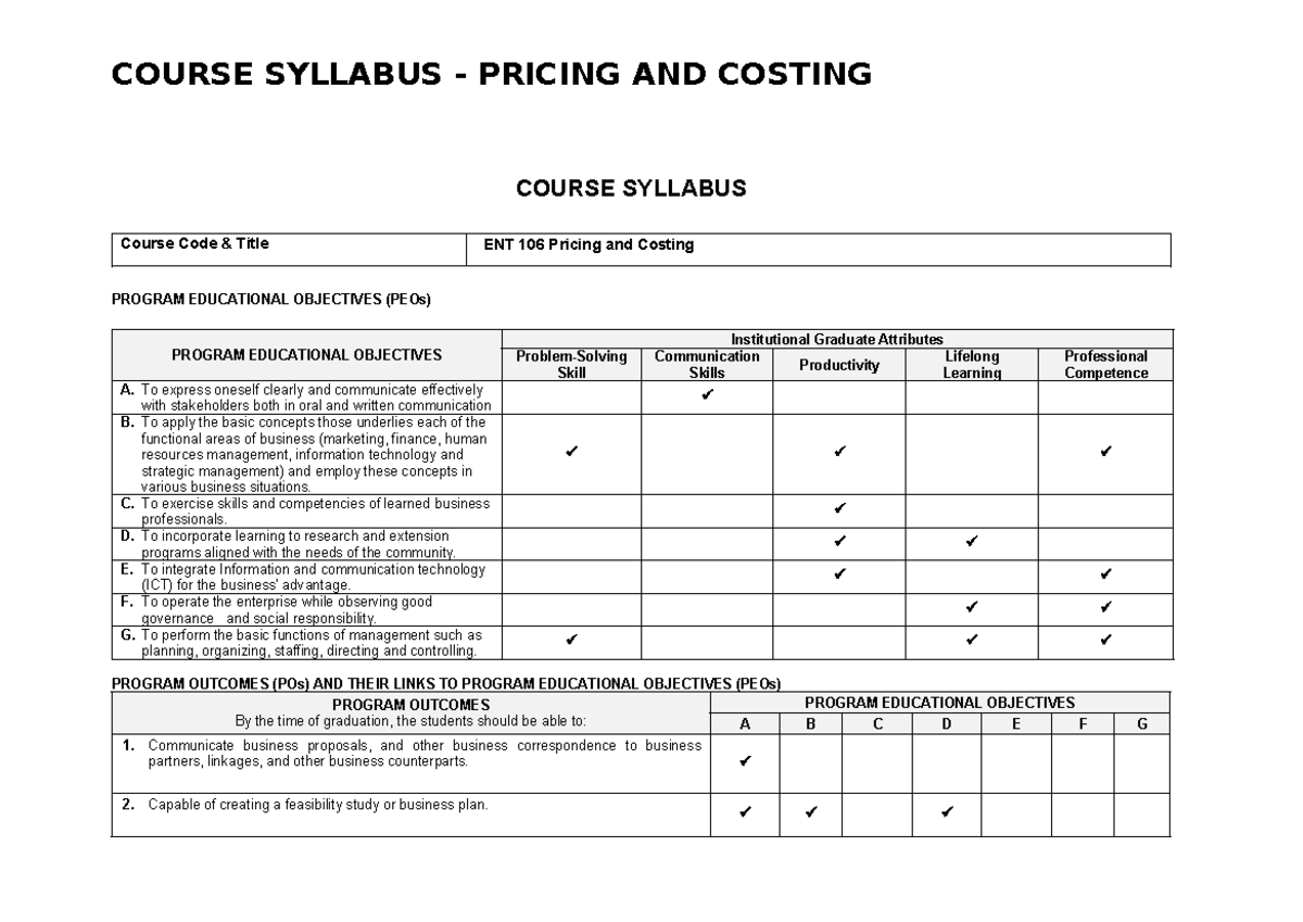 ENT 106 Syllabus: Pricing and Costing Course Overview and Policies ...