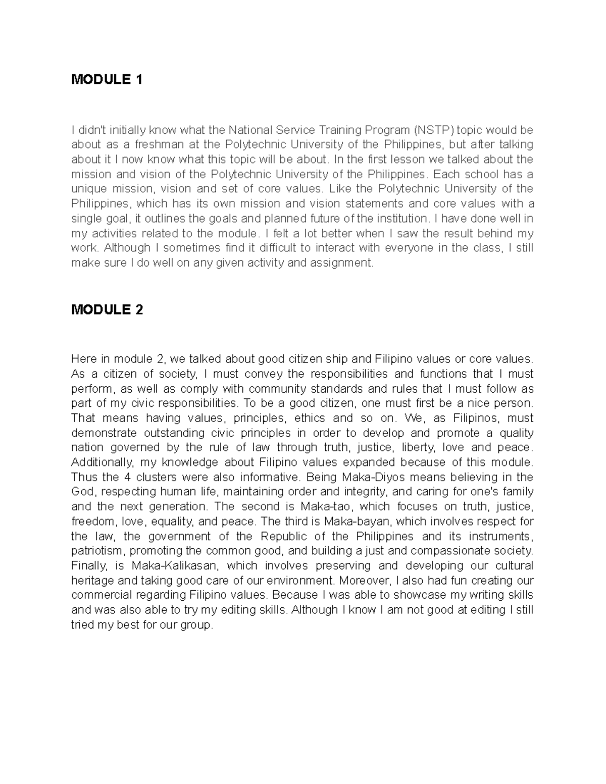 CWTS Reflections: Insights from NSTP Modules 1-4 - Studocu