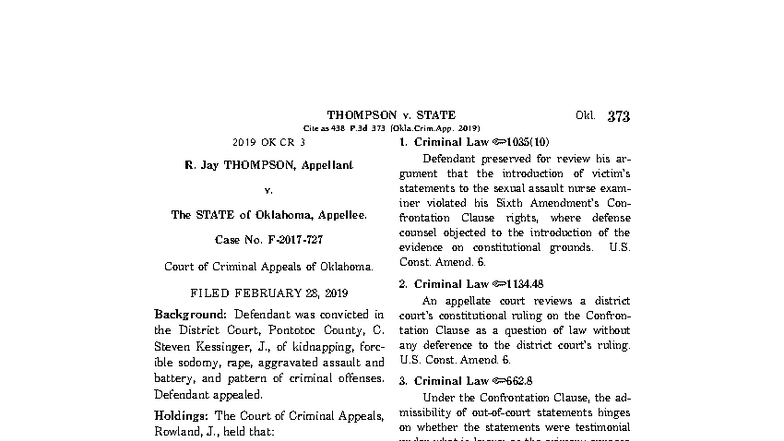 THOMPSON v. STATE: Confrontation Clause and Admissibility of Evidence ...