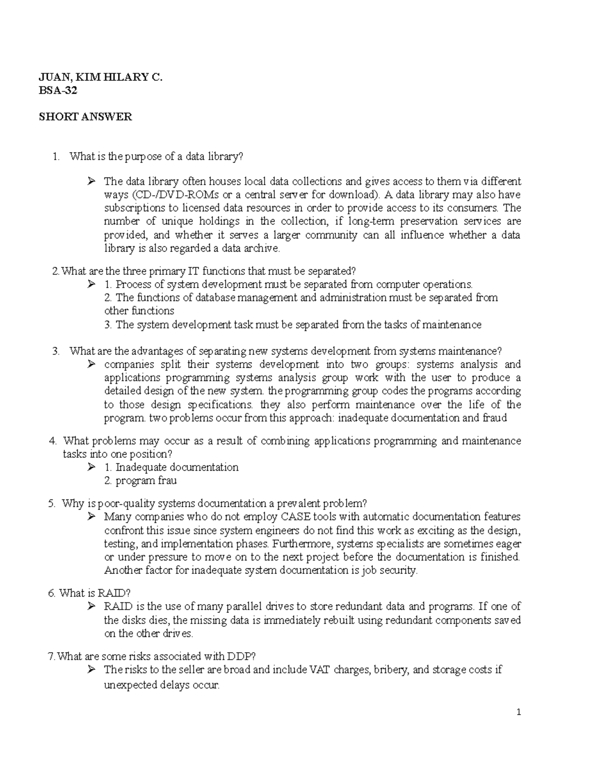 Chapter 2 Assignment JUAN KIM Hilary C BSA32 - JUAN, KIM HILARY C. BSA- SHORT ANSWER What is the ...