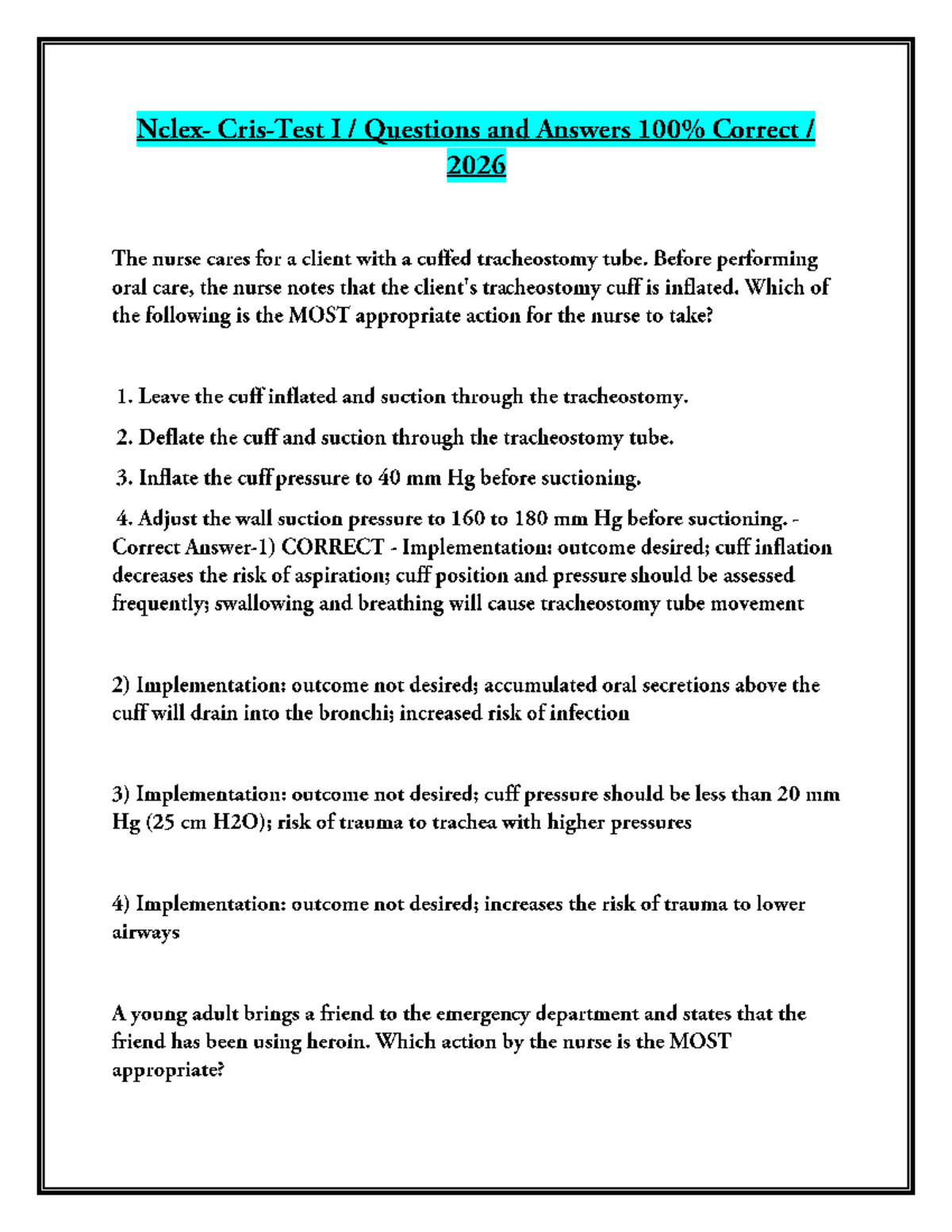 NCLEX-Cris Test I: 100% Correct Q&A - 2026 - Studocu