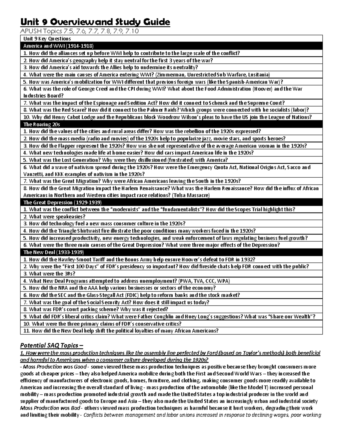 APUSH Unit 9 Study Guide: Key Concepts of WWI, 1920s & The Great ...