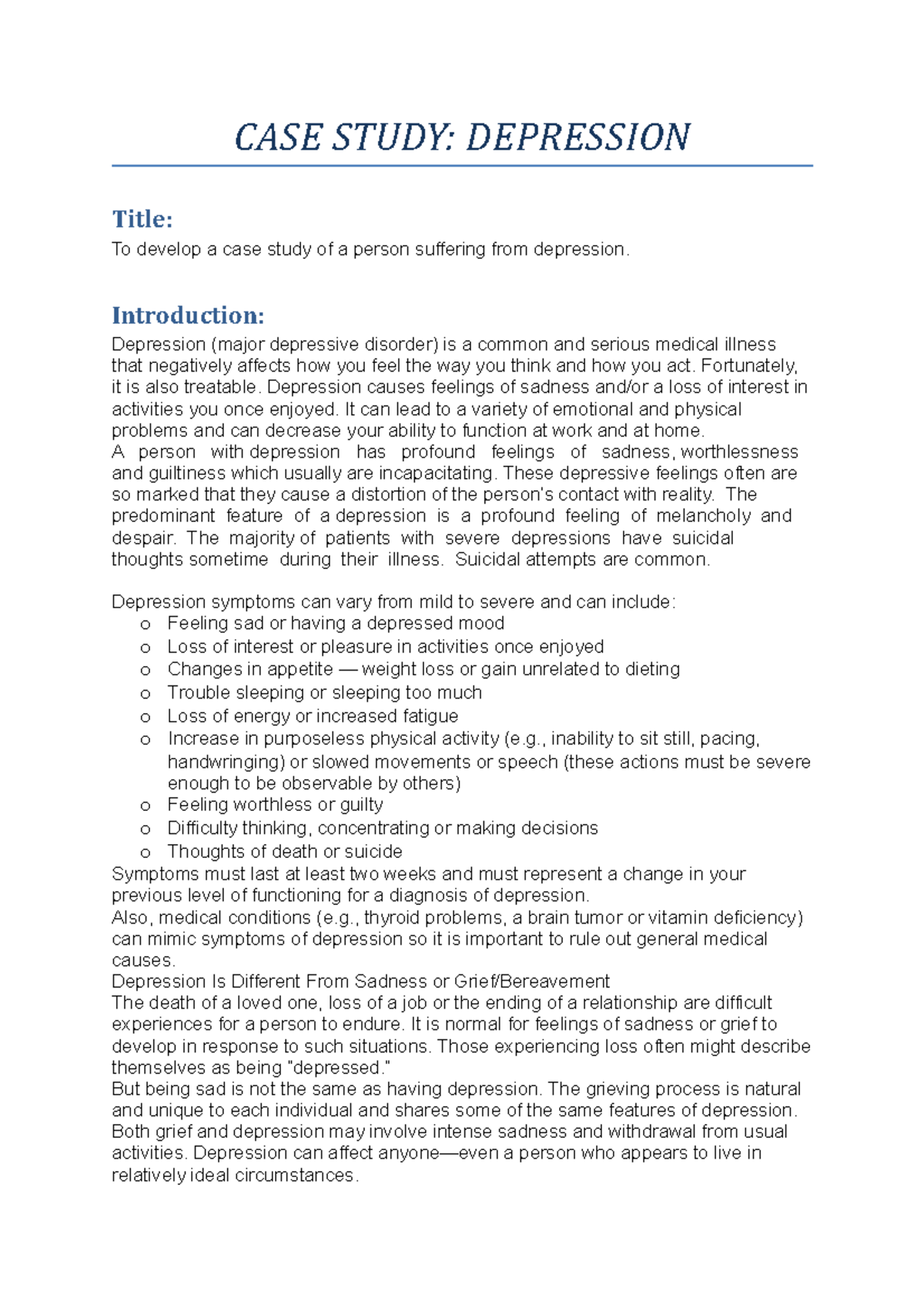 Case study - Case Representation of Depression - CASE STUDY: DEPRESSION ...