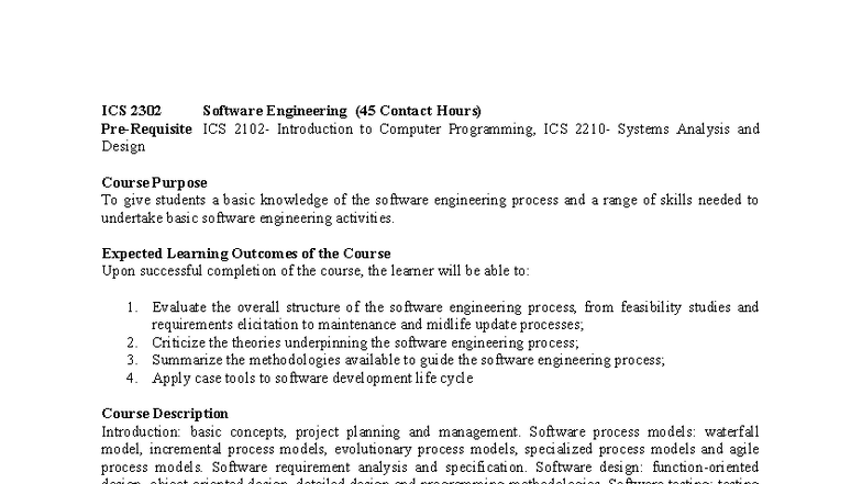 ICS 2302 Software Engineering Course Overview and Learning Outcomes ...
