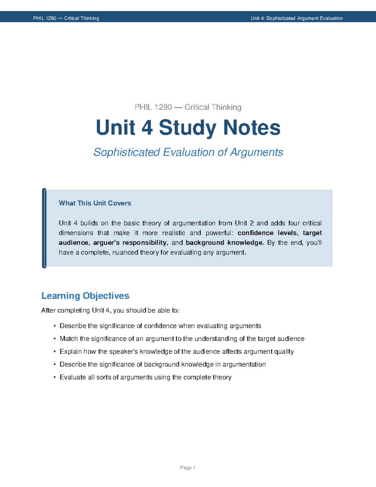 PHIL 1290 Critical Thinking Unit 4: Evaluating Sophisticated Arguments ...