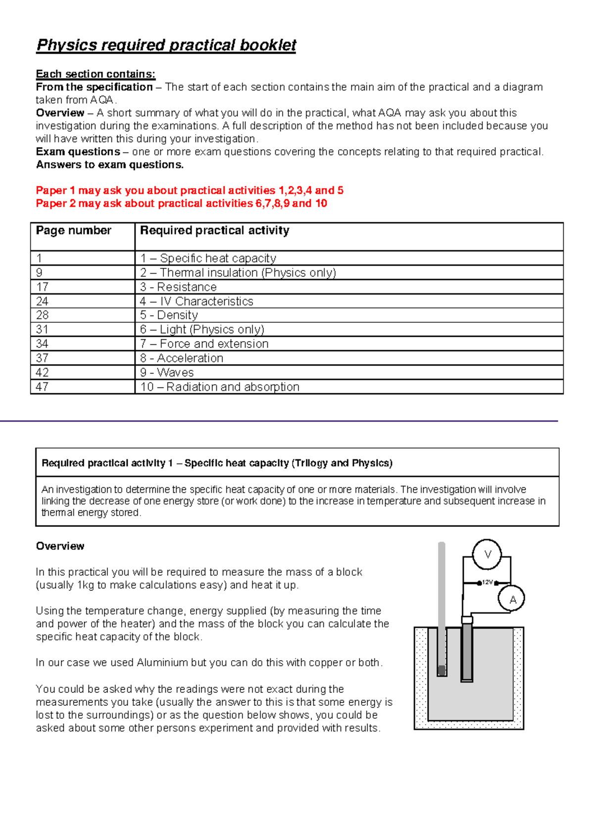 Physics Paper 2 Practice - Physics required practical booklet Each ...