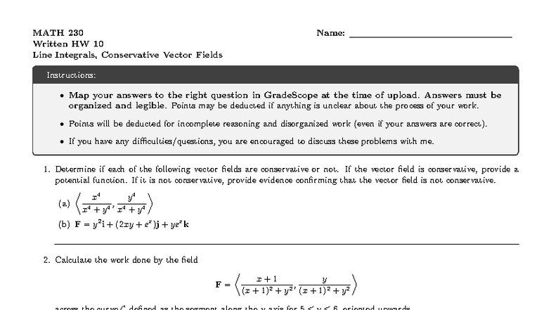 MATH 230 Written HW 10 - Line Integrals & Conservative Fields - Studocu