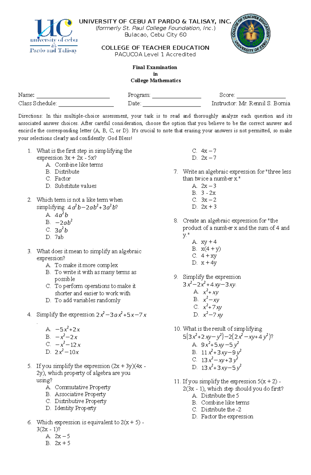 College Math Final Exam Questions & Answers - Studocu
