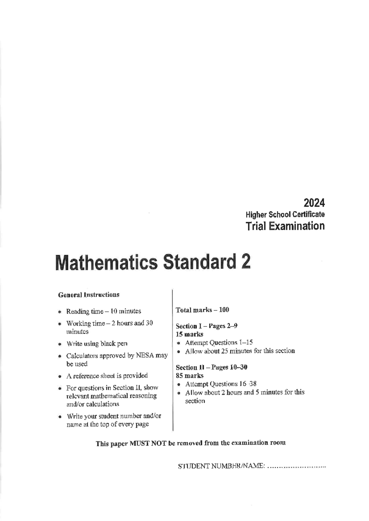 2024 HSC Trial Exam: Mathematics Standard 2 Paper - Studocu