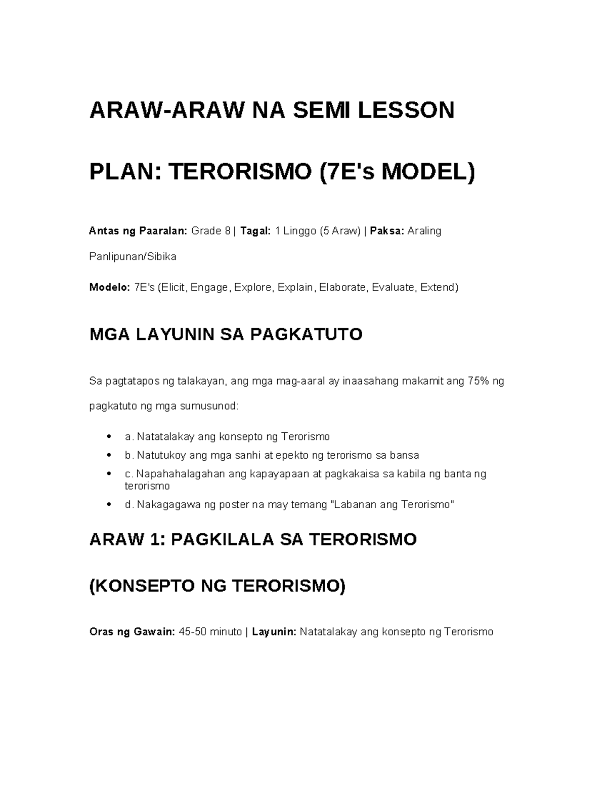 Araw-Araw na Semi Lesson Plan: Terorismo (7E's Model) - Grade 8 - Studocu