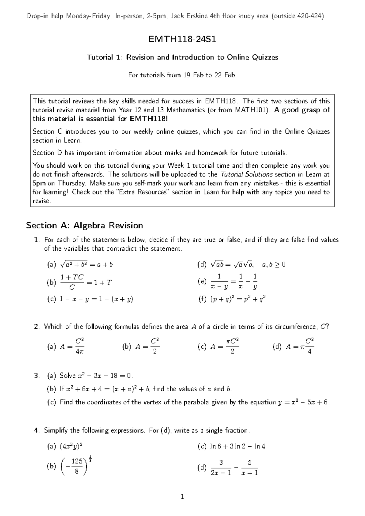 EMTH118 S1 Tutorial 01: Revision & Online Quizzes Guide - Studocu