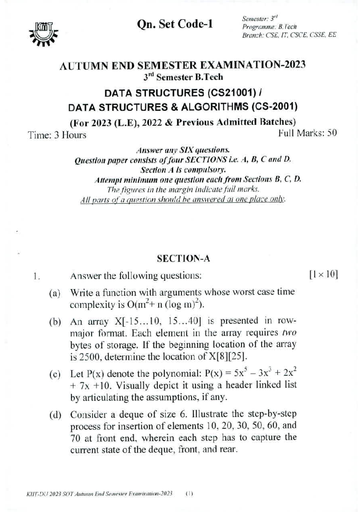 3rd Semester, B.Tech, Data Structures Data Structures and Algorithms ,CS 21001 CS 2001 , Autumn ...