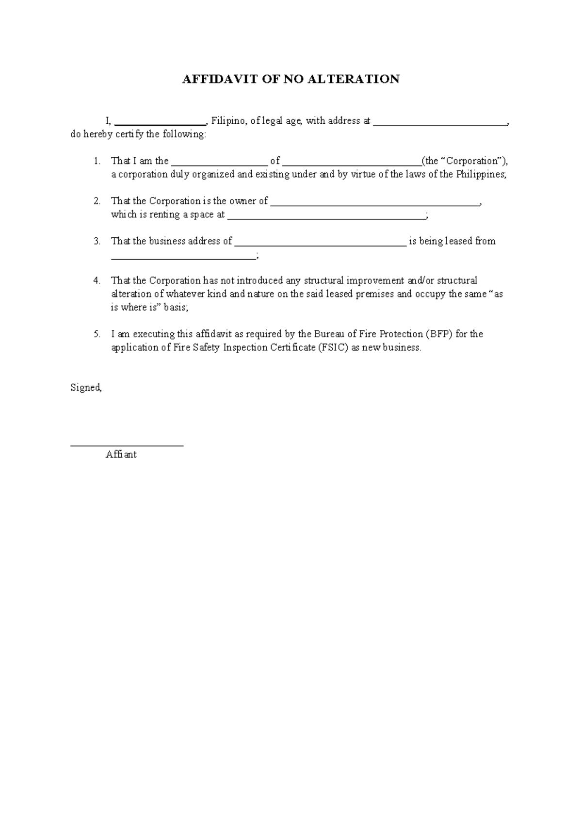 Affidavit of No Alteration for BFP Application - Studocu