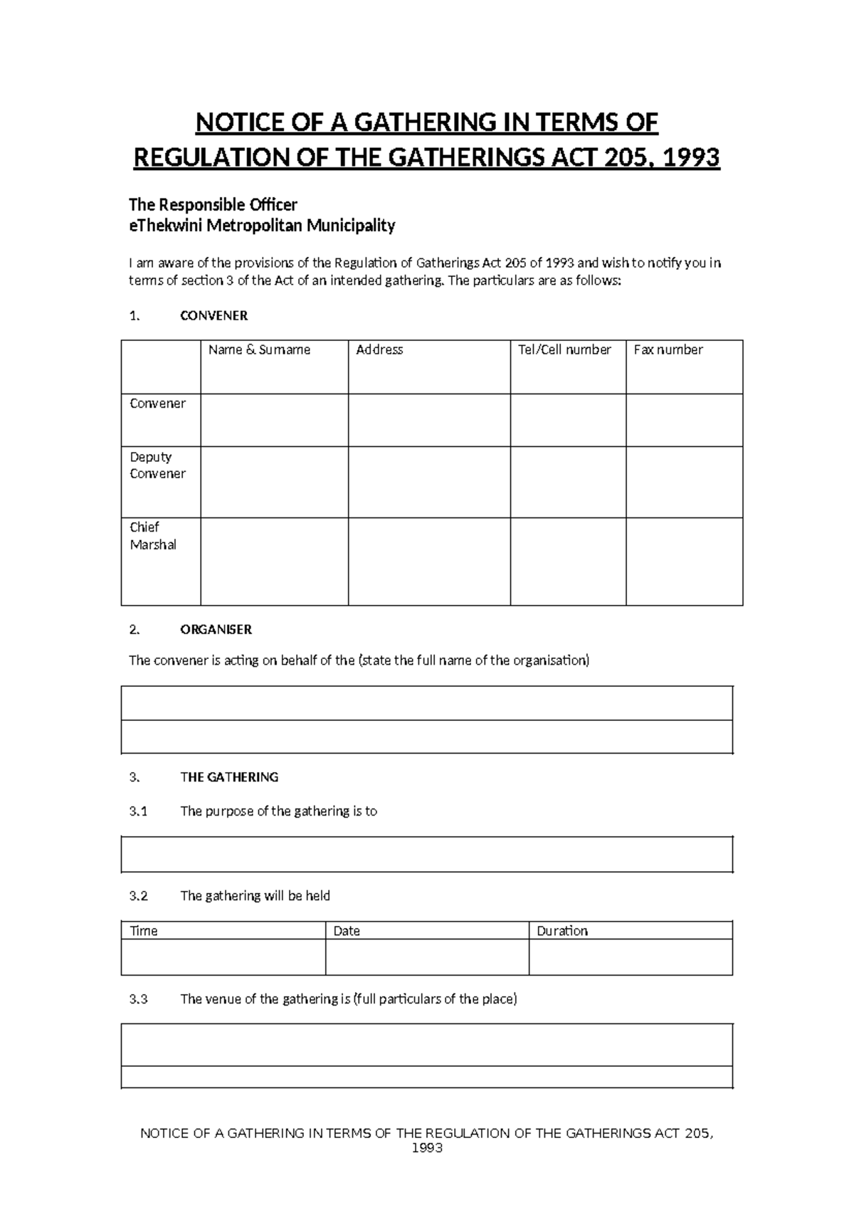 Application for Gathering Notice Under Regulation Act 205 of 1993 - Studocu