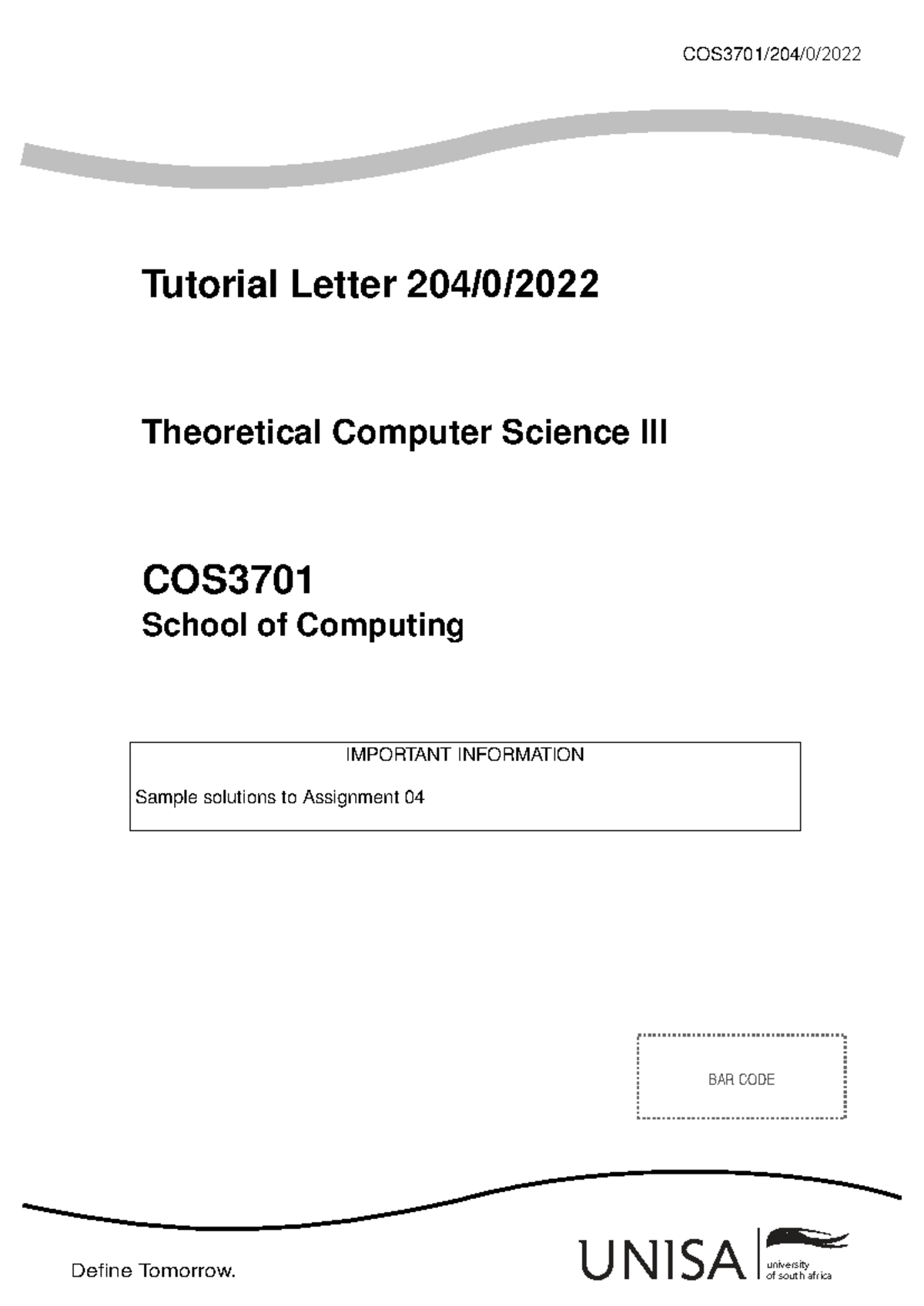 COS3701 Assignment 04 Solutions: Theoretical Computer Science - Studocu