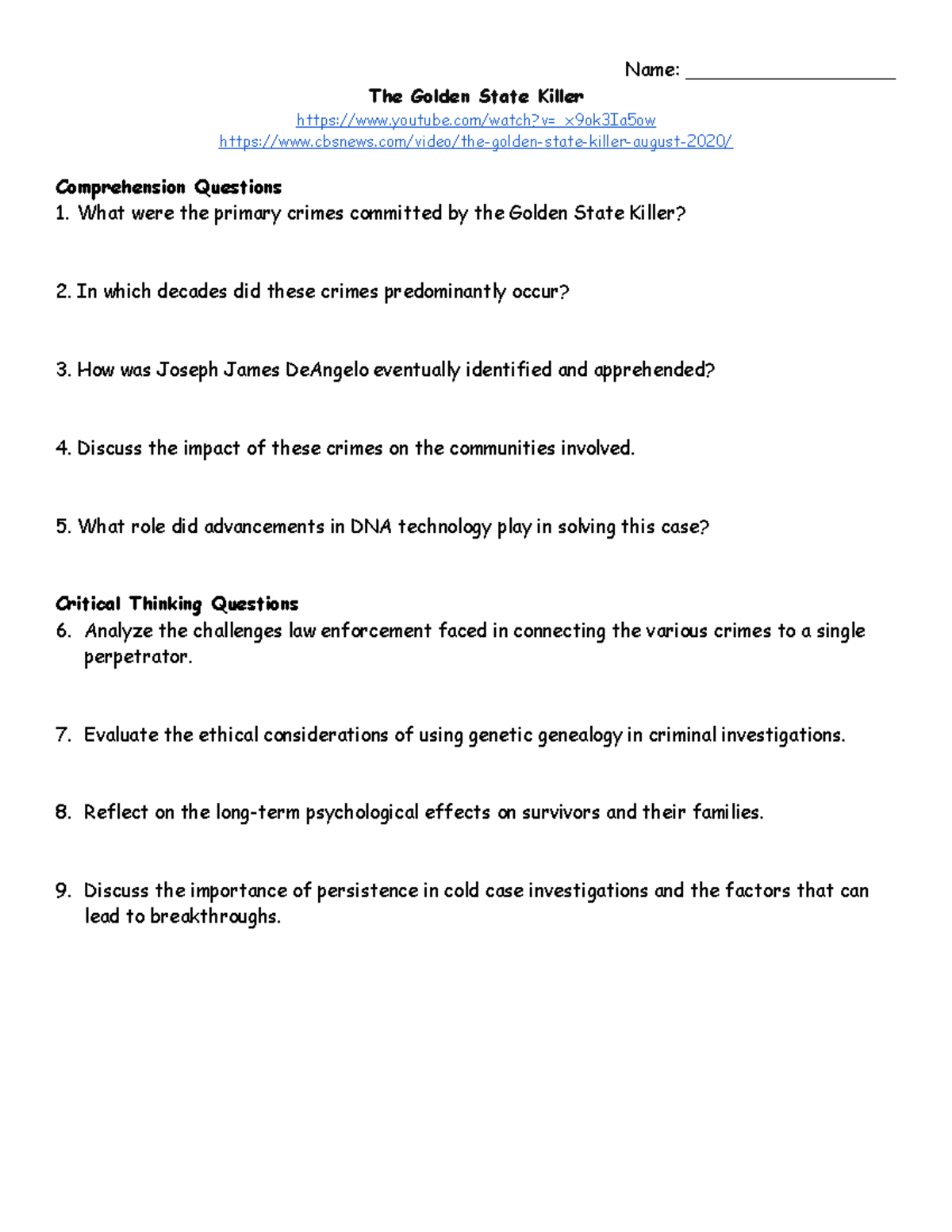 The Golden State Killer: Comprehension & Critical Thinking Qs - Studocu