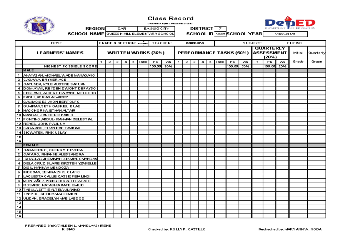 Class Record for First Grade - Quezon Hill Elementary School - Studocu