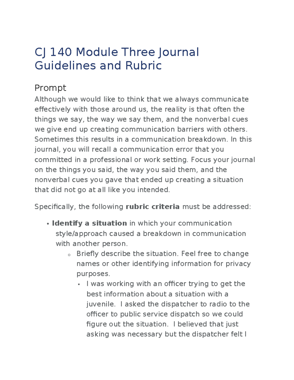 CJ 140 Module 3 Journal: Analyzing Communication Barriers - Studocu