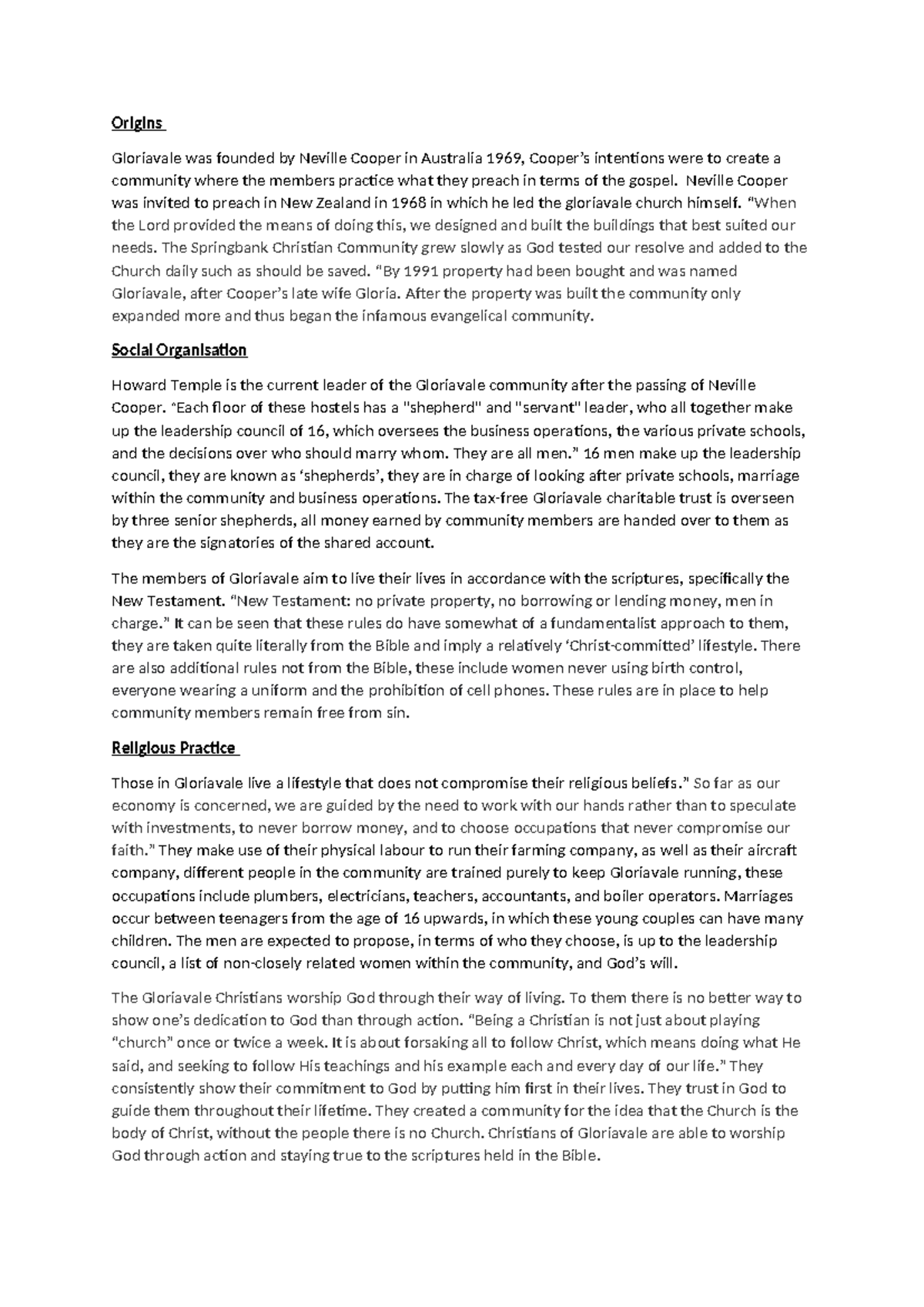 Gloriavale’s Community Structure and Religious Practices: A Study - Studocu