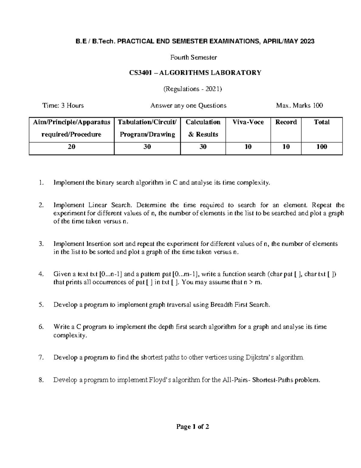 CS3401 SET1 - Algorithms Lab Final Exam Question Paper - Studocu