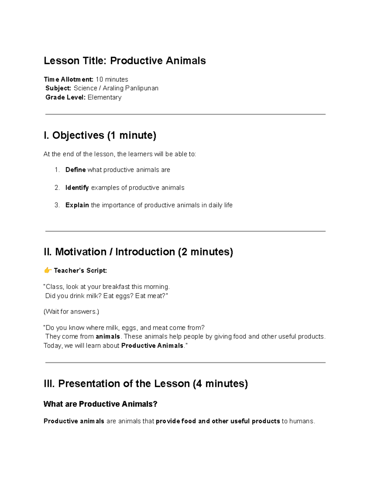 Lesson on Productive Animals for Elementary Science (Grade I) - Studocu