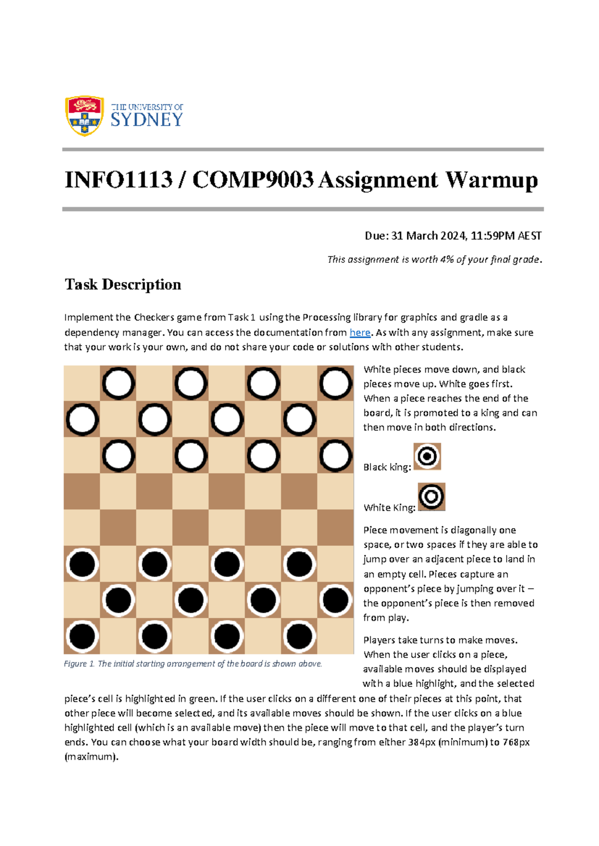 INFO1113 / COMP9003 Assignment Warmup: Implementing Checkers Game - Studocu