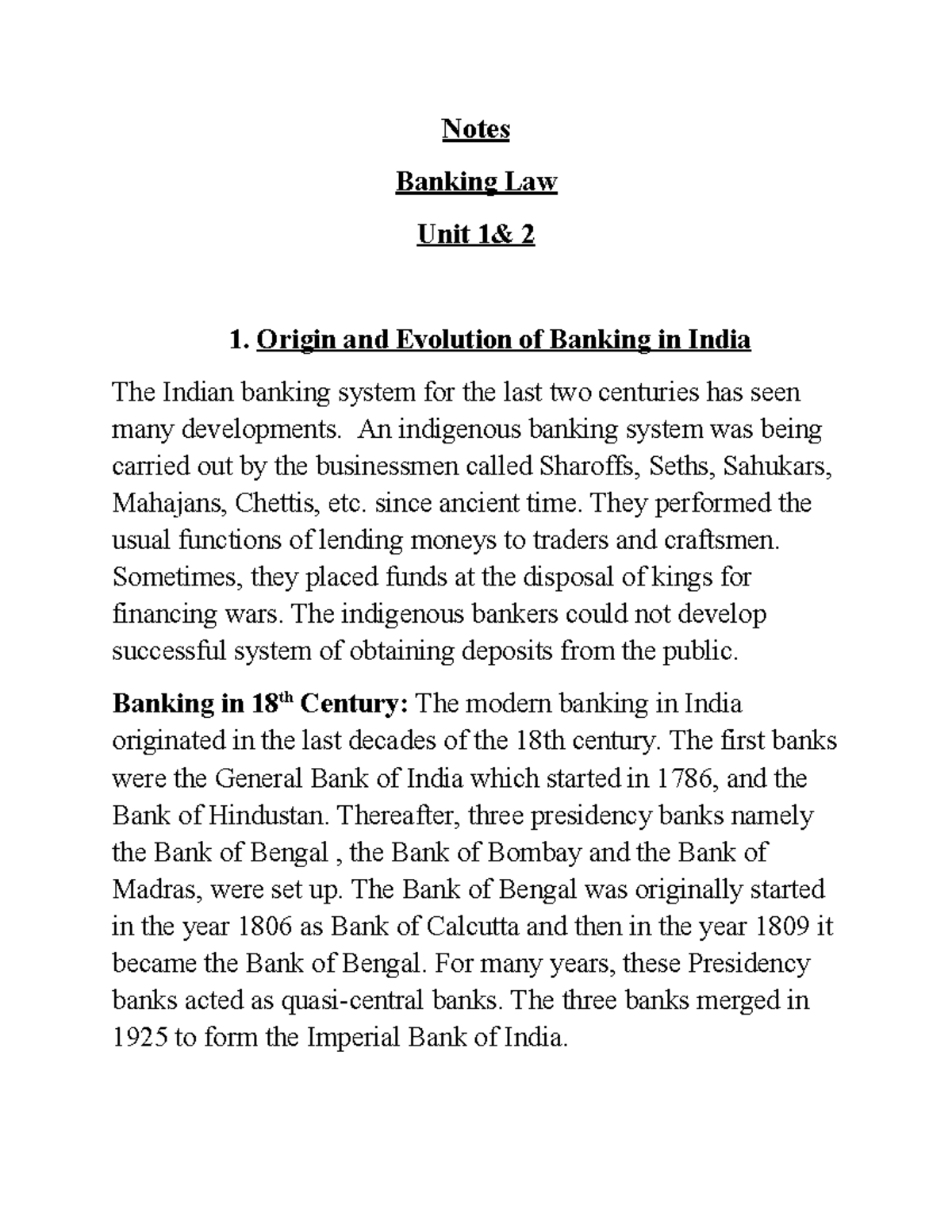 Banking Law Final Notes - Unit 2: Evolution of Banking in India - Studocu