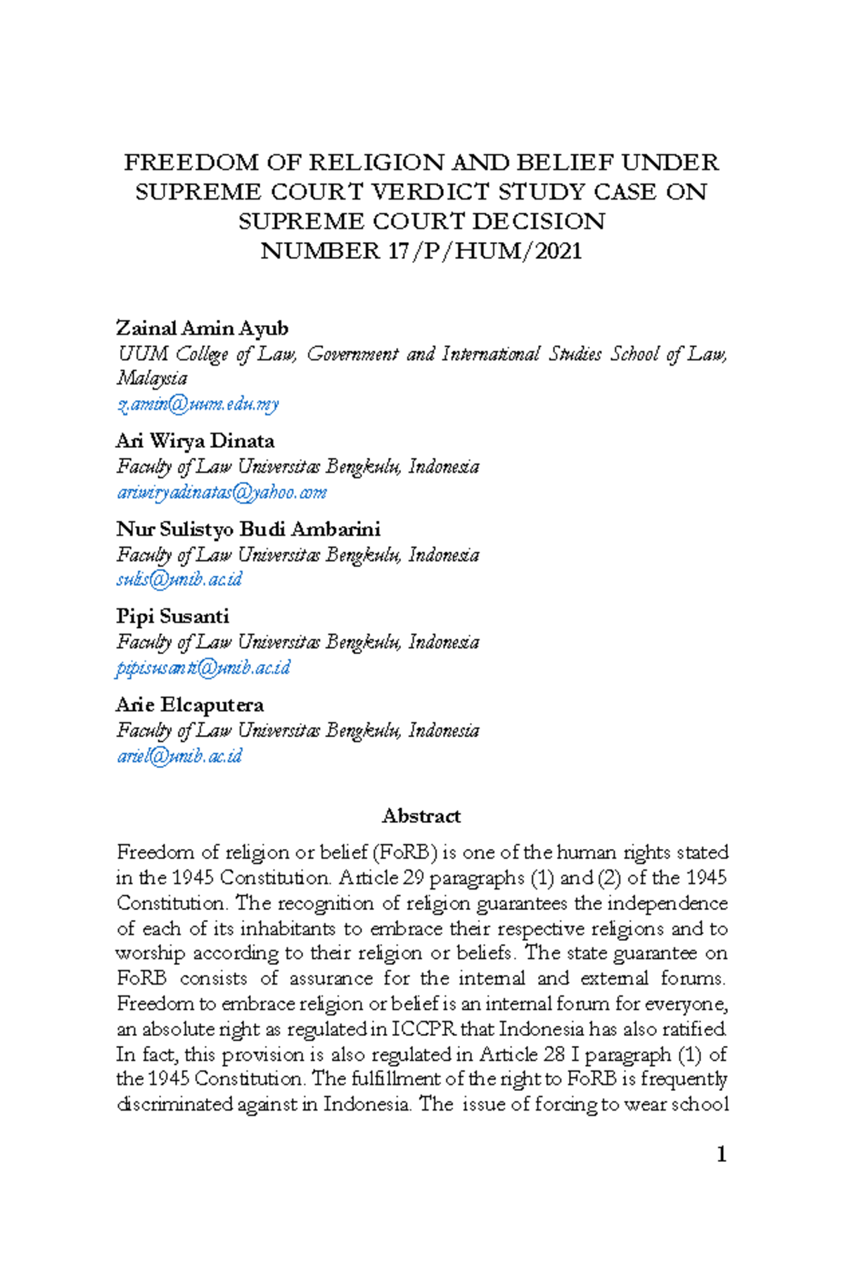 FREEDOM OF RELIGION AND BELIEF: A STUDY ON SUPREME COURT DECISION NO ...