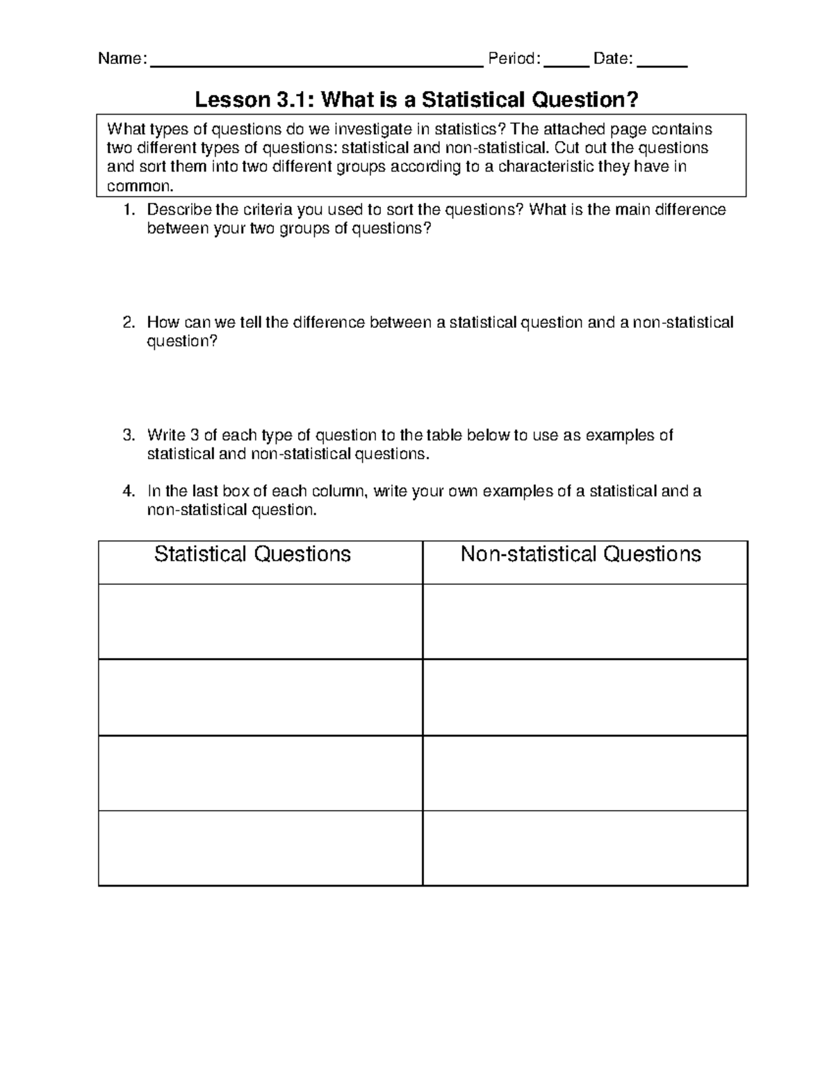 Lesson 3.1: Understanding Statistical Questions and Data Collection ...