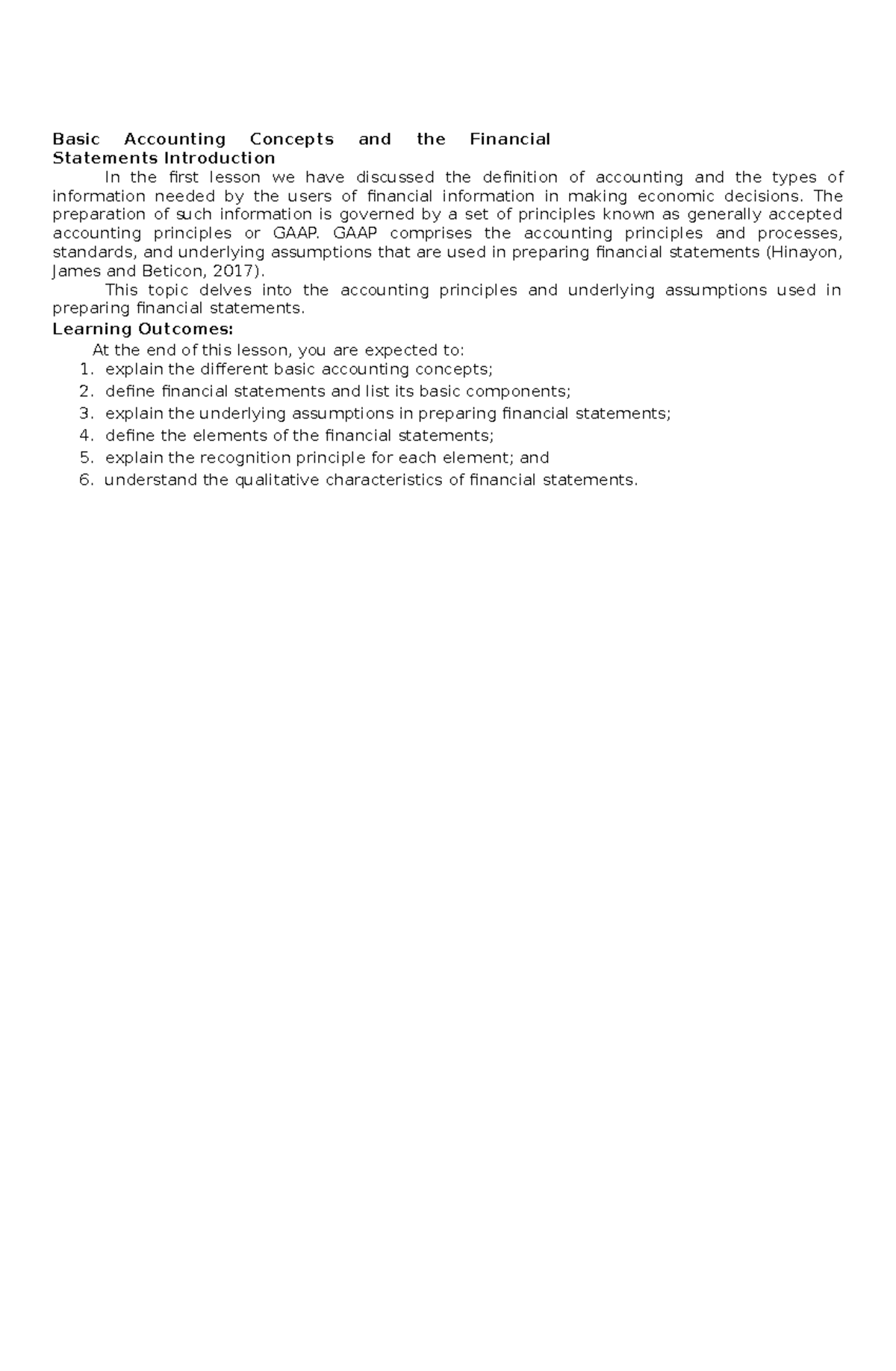 Basic Accounting Concepts and the Financial Statements Introduction ...