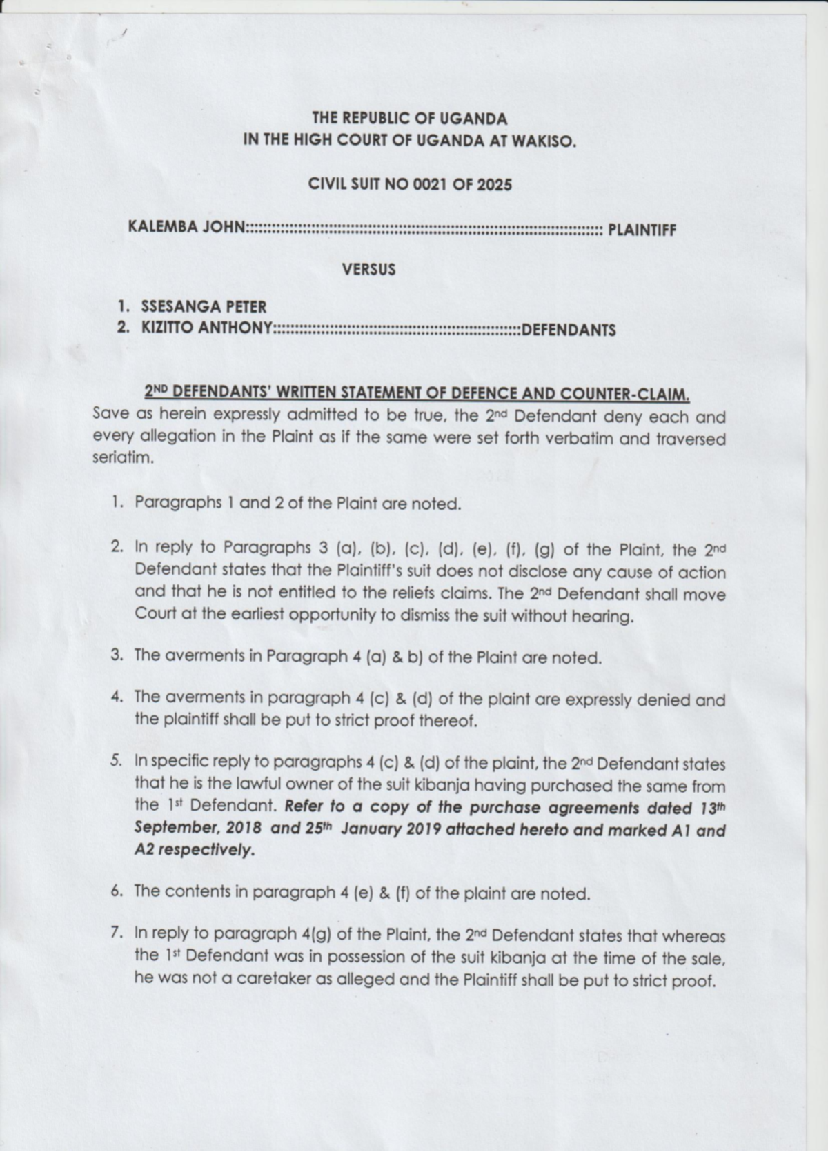 Civil Suit No. 0021 of 2025: 2nd Defendant's Written Defence - Studocu
