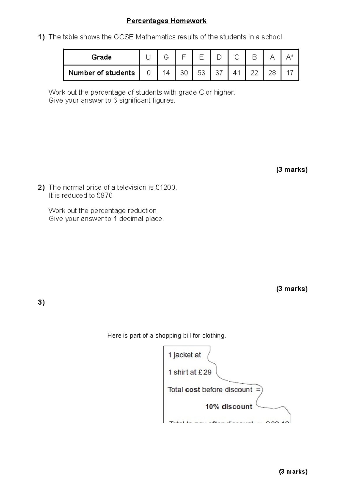 1. Percentages HW - jtjfshgh\hgh - Percentages Homework 1) The table ...