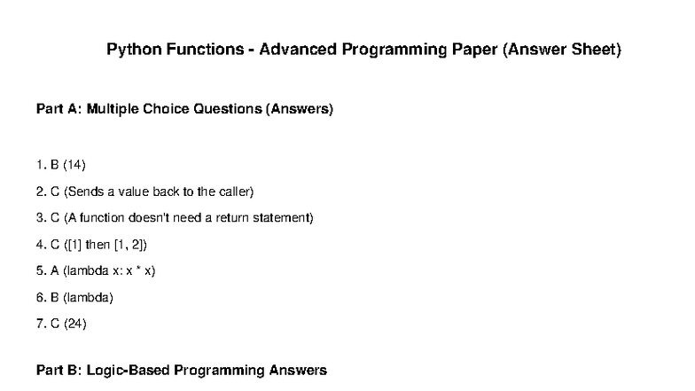 Python Functions Advanced Programming Paper (Answer Sheet) - Studocu