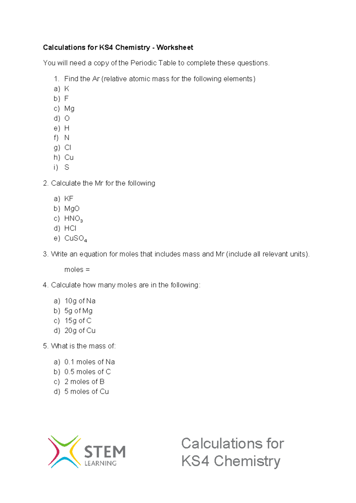 KS4 Chemistry Calculations Worksheet: Key Concepts & Solutions - Studocu