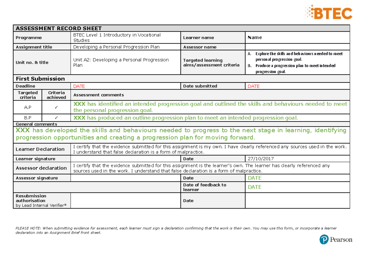 Unit A2 BTEC Level 1 Assessment Record: Personal Progression Plan - Studocu