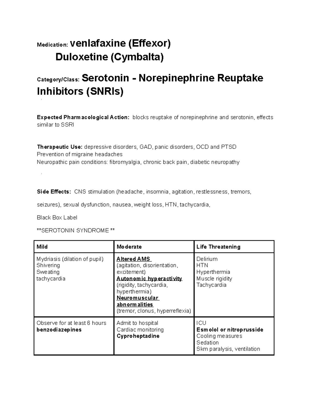 SNRIs: Venlafaxine and Duloxetine - Pharmacology & Uses Overview - Studocu