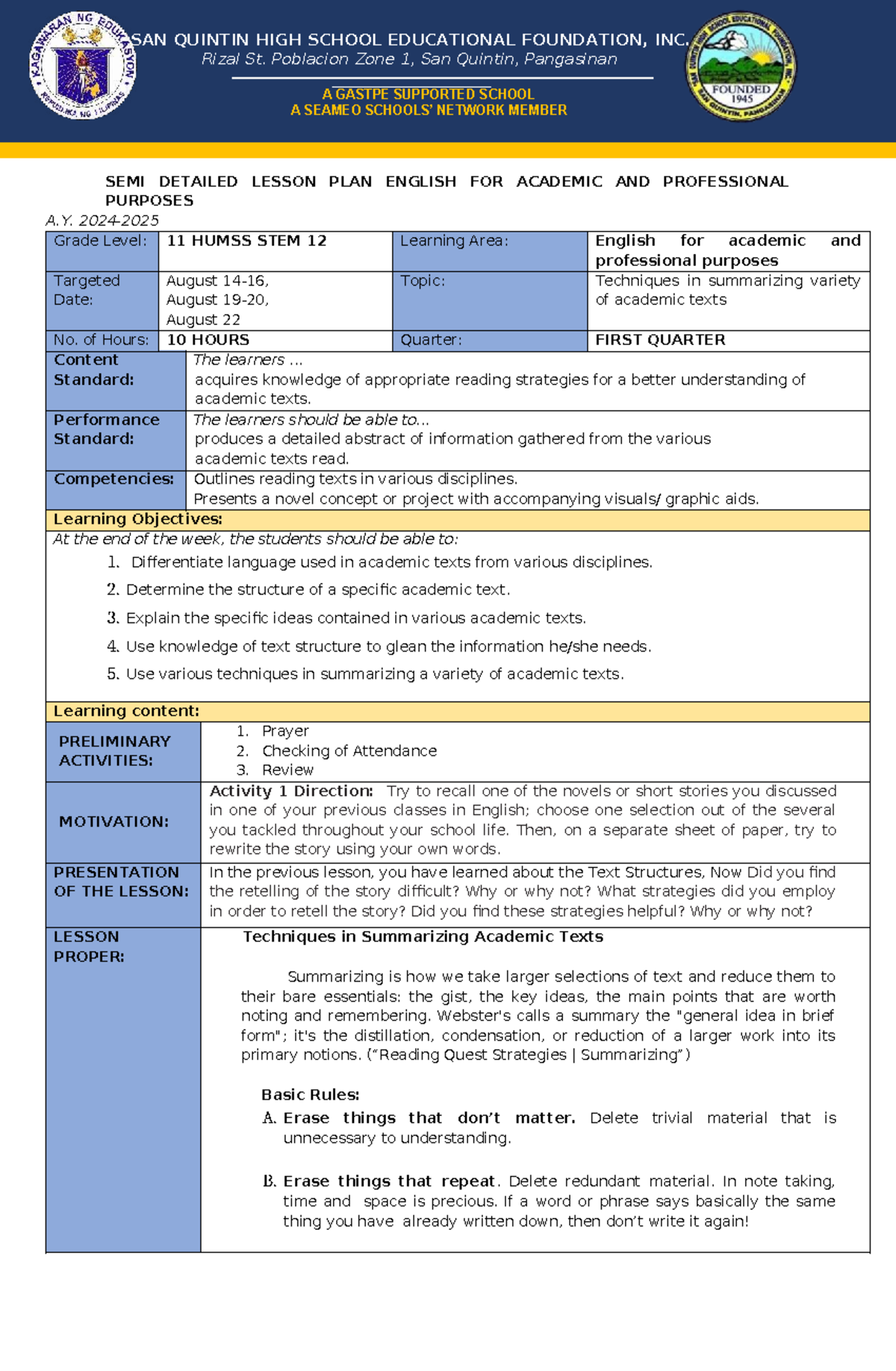 LPW3 EAPP Semi-Detailed Lesson Plan: Techniques in Summarizing Academic ...