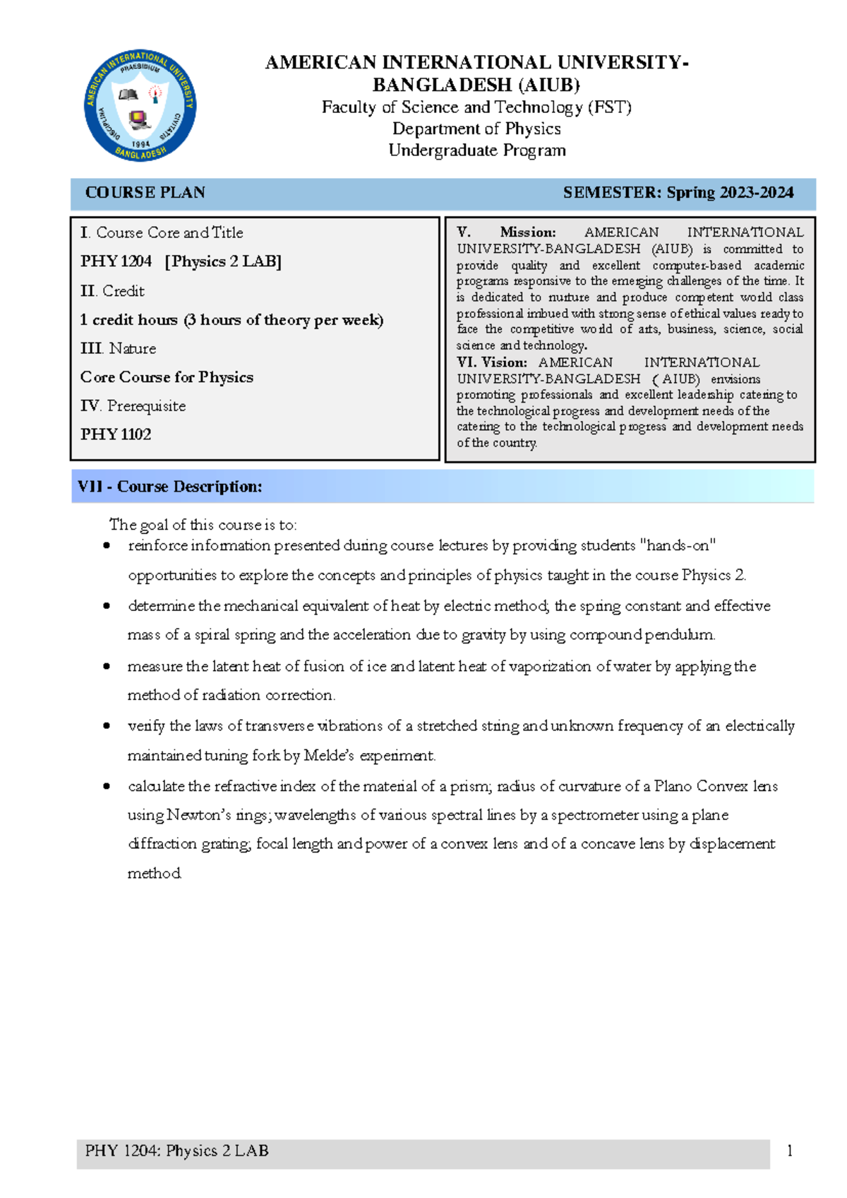 Revised PHY 1204 Physics 2 Lab Course Outline (Spring 2023) - Studocu